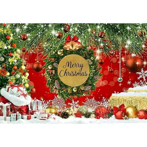 Wall Decor | 5x3ft Merry Christmas Backdrop Sparkling Light Red ...